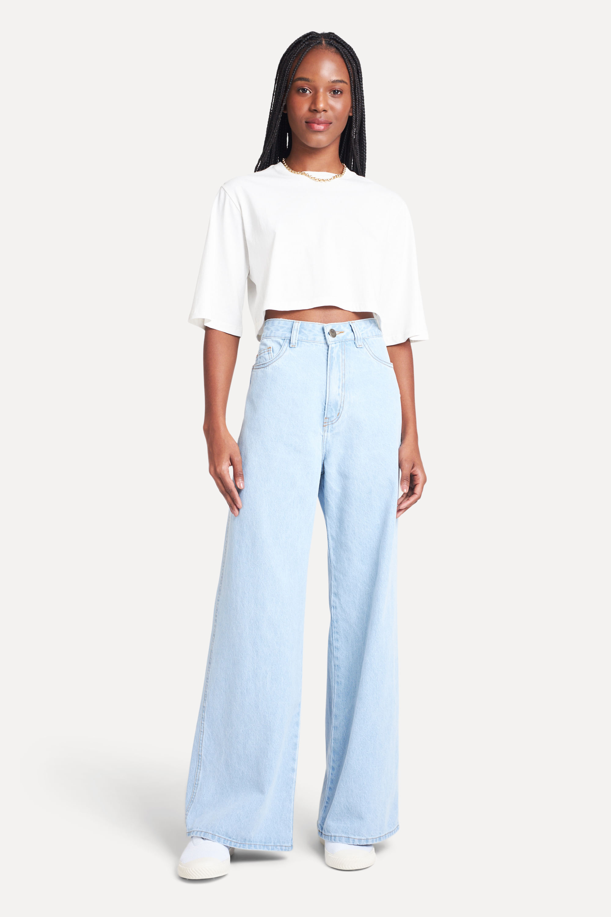 Calça Jeans Wide Leg Feminina Simples Azul Claro Feminina